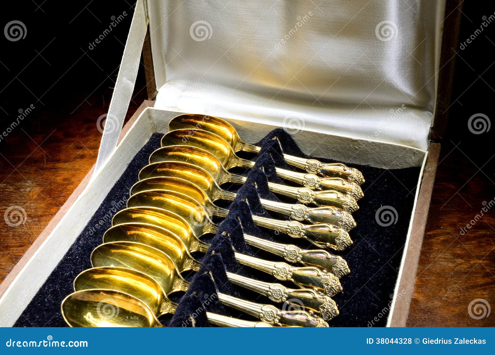 Box of Vintage Gold-plated Teaspoons Stock Photo - Image of handle ...