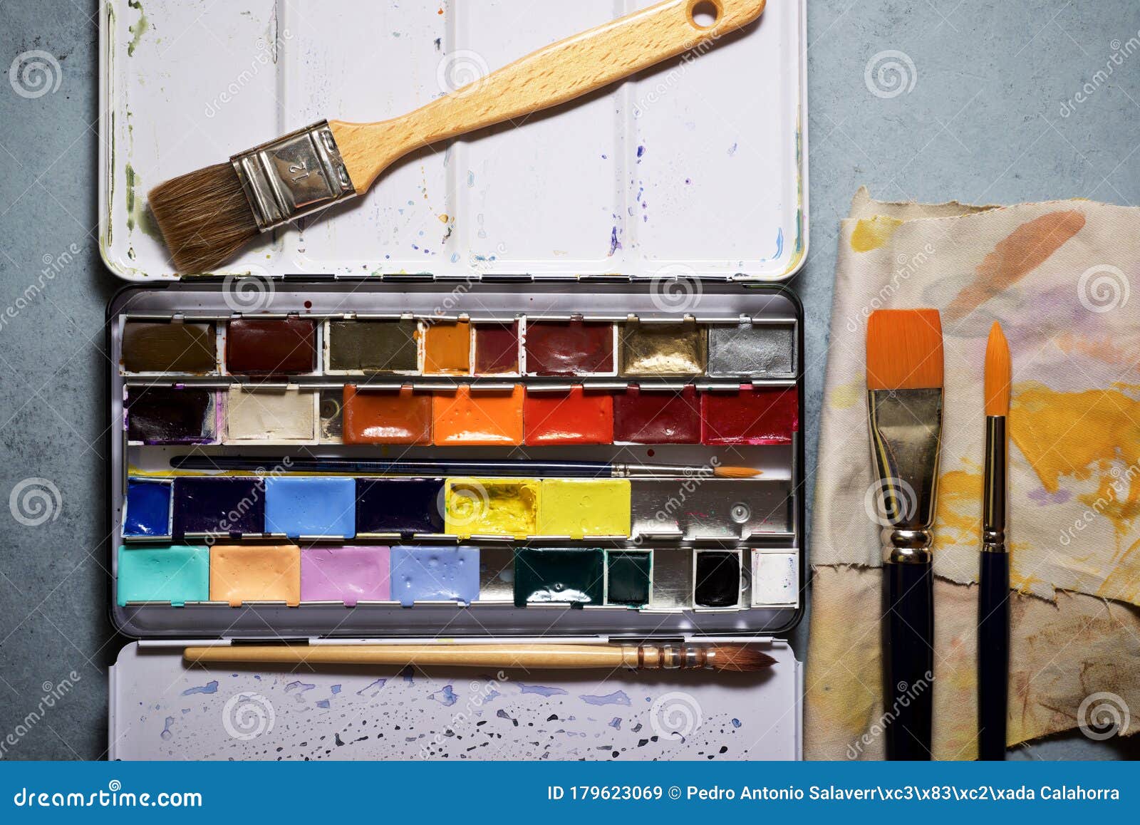 Watercolorist tools view stock image. Image of artist - 179623069