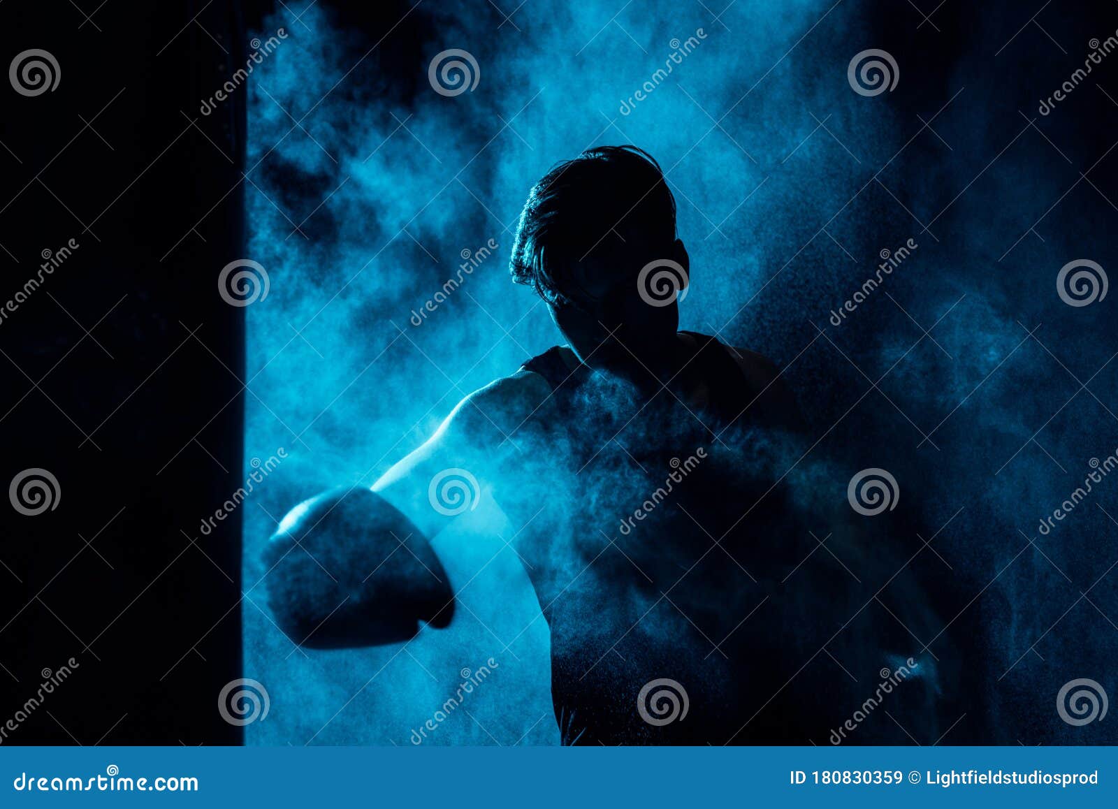 Boxer in Boxing Gloves Training in Dark with Smoke. Stock Image - Image ...