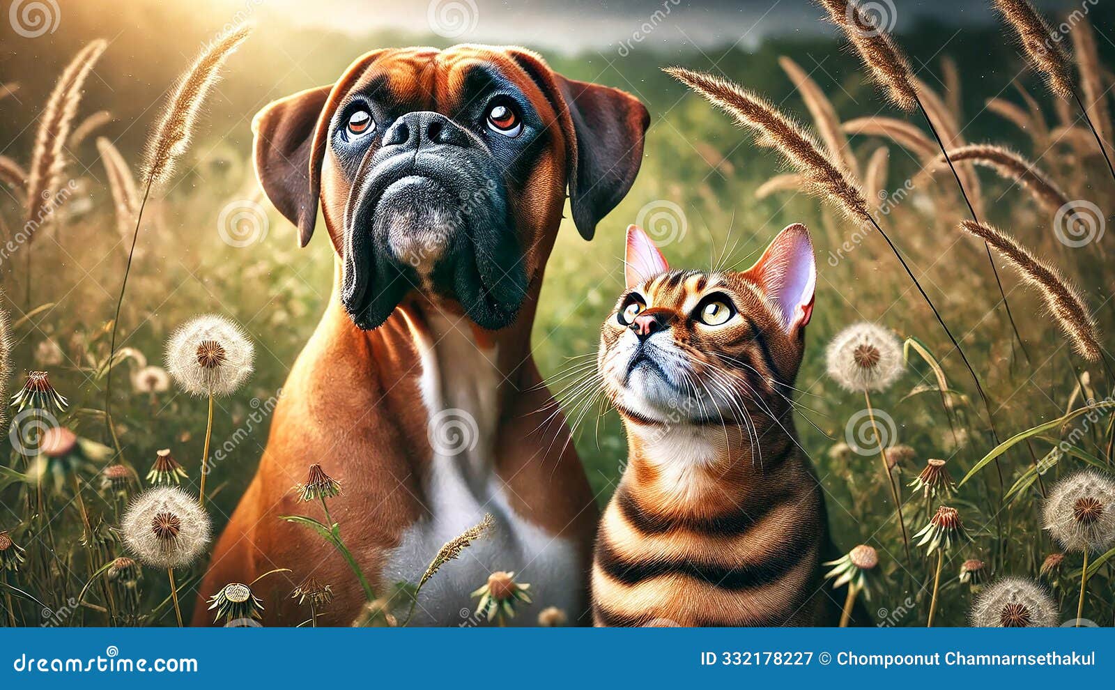 Boxer Dog And A Bengal Cat, Both With Muddy Paws, Exploring A Marshy ...