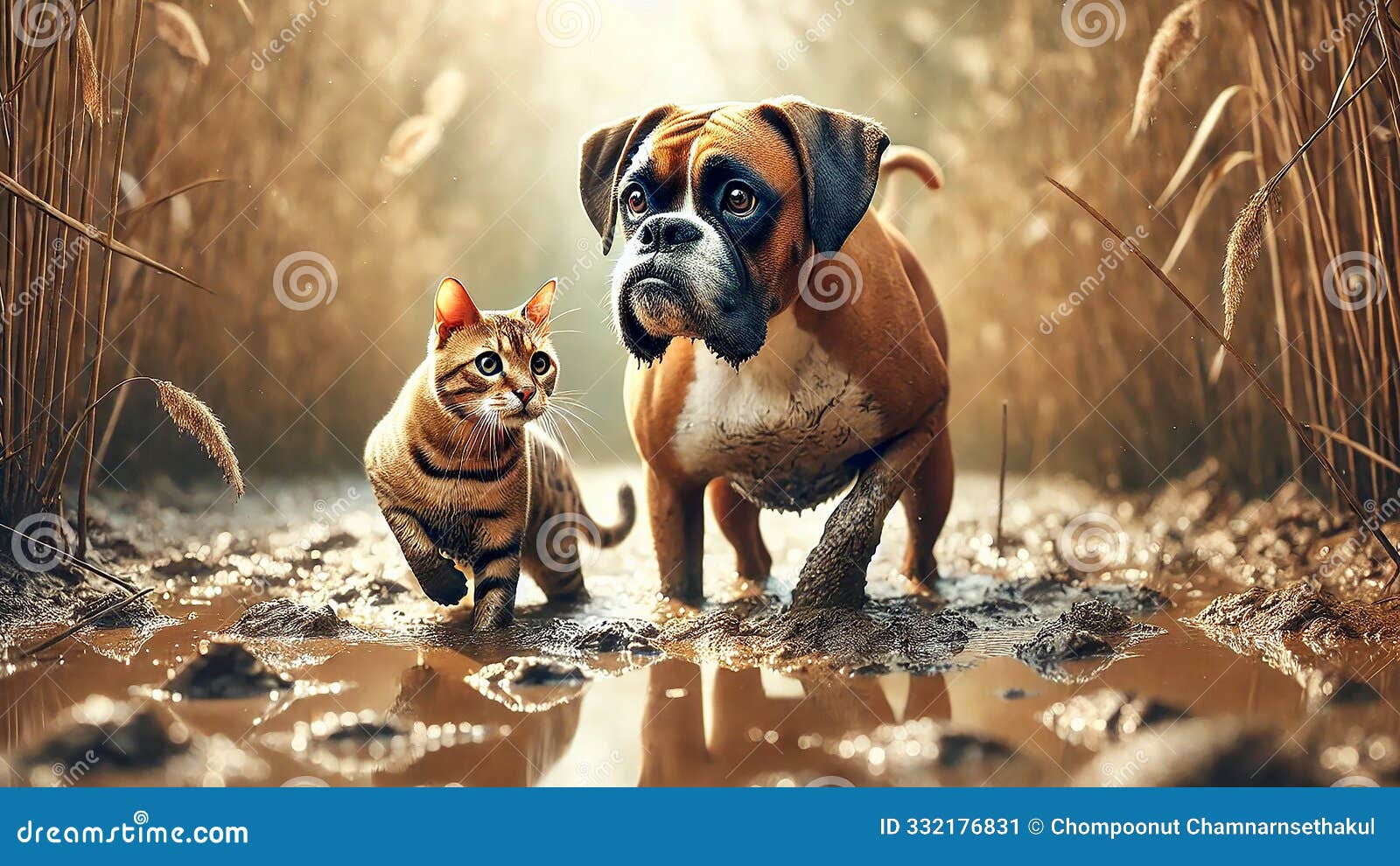 Boxer Dog and a Bengal Cat, Both with Muddy Paws, Exploring a Marshy ...