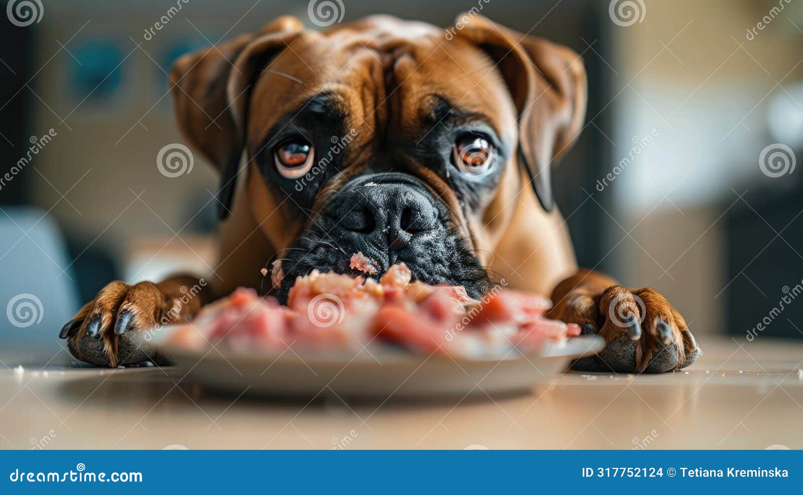 A Boxer Dog Eagerly Devouring a Mix of Raw Meat Strips, Placed Directly ...