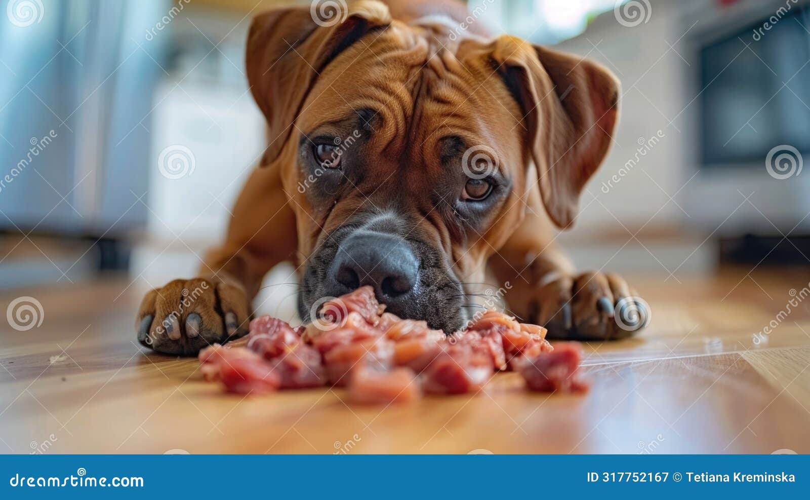 A Boxer Dog Eagerly Devouring a Mix of Raw Meat Strips, Placed Directly ...