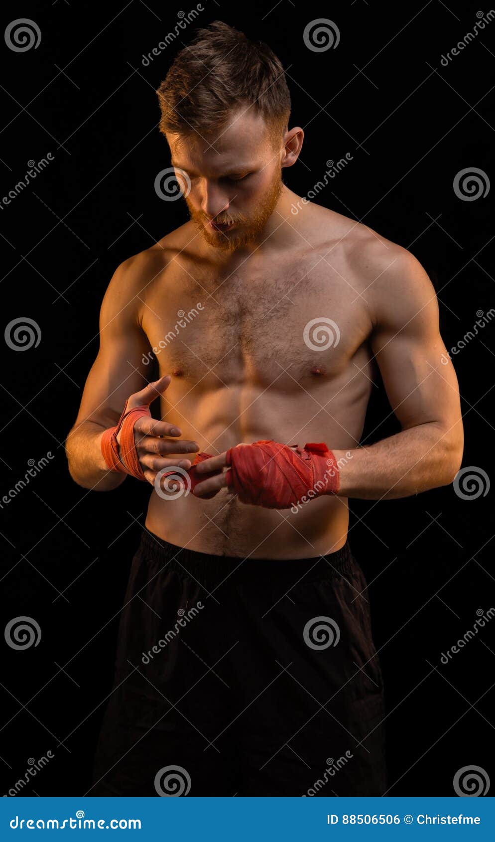 Boxer with Red Boxing Bandages Stock Photo - Image of muscular, boxer ...