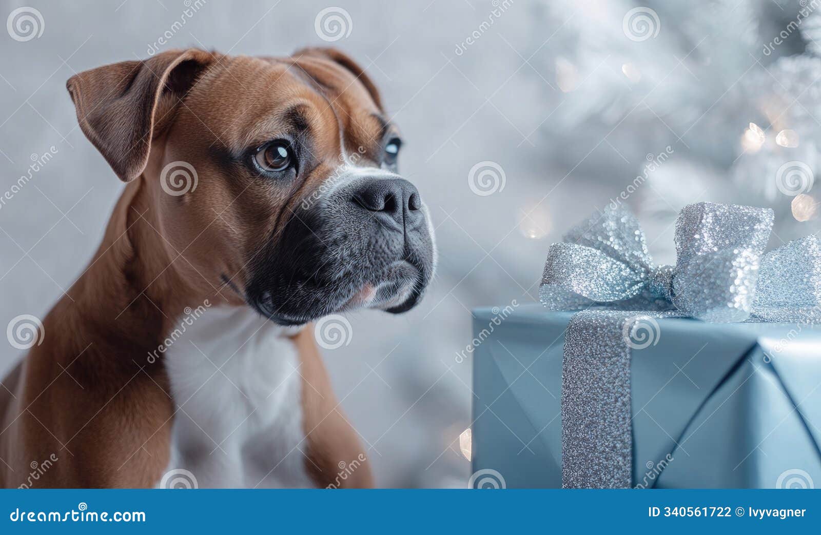 A Boxer Sitting in Front of a Large Blue Christmas Gift with a Silver ...