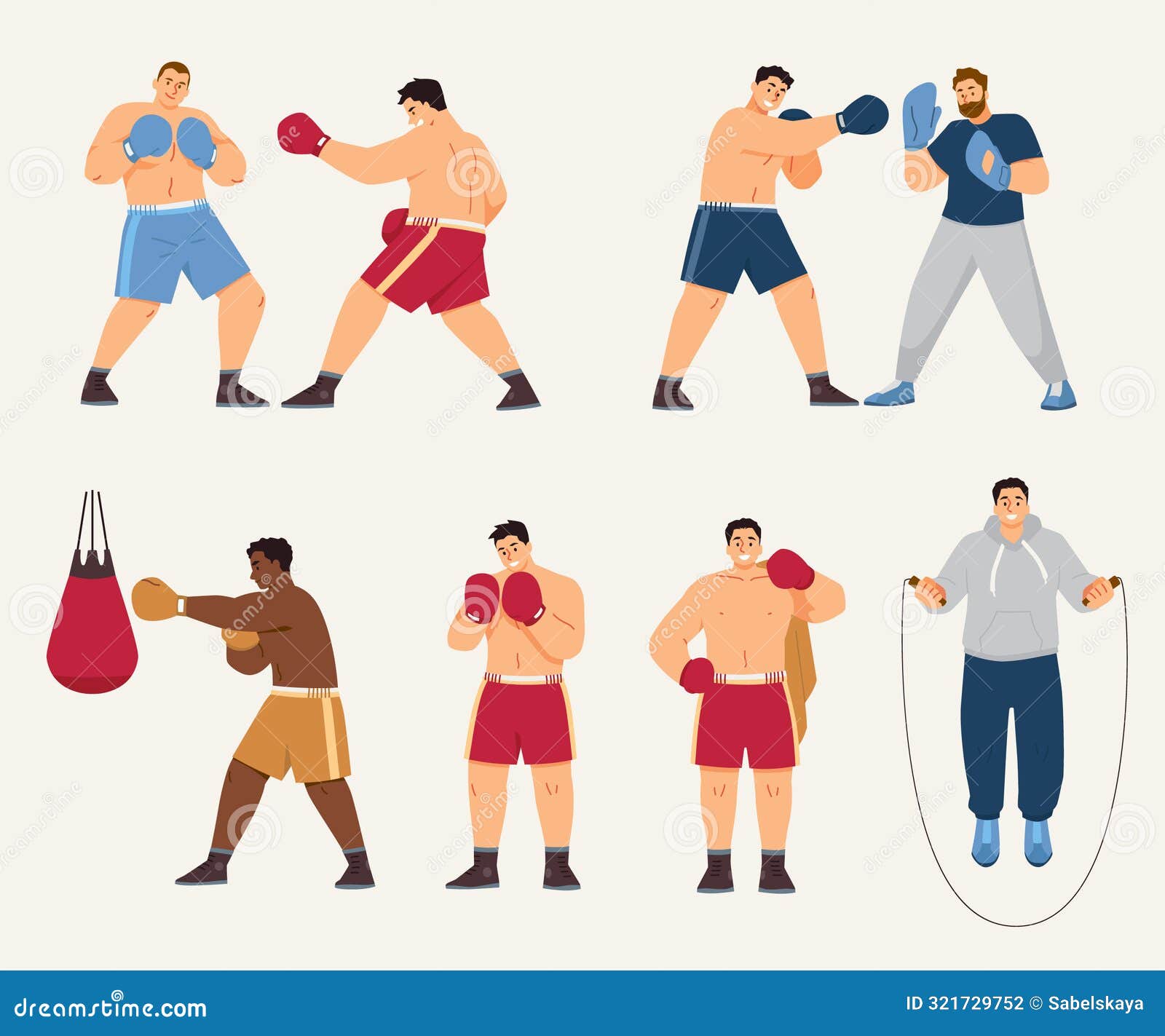 Boxers Training and Fighting Vector Illustration Set Stock Illustration ...