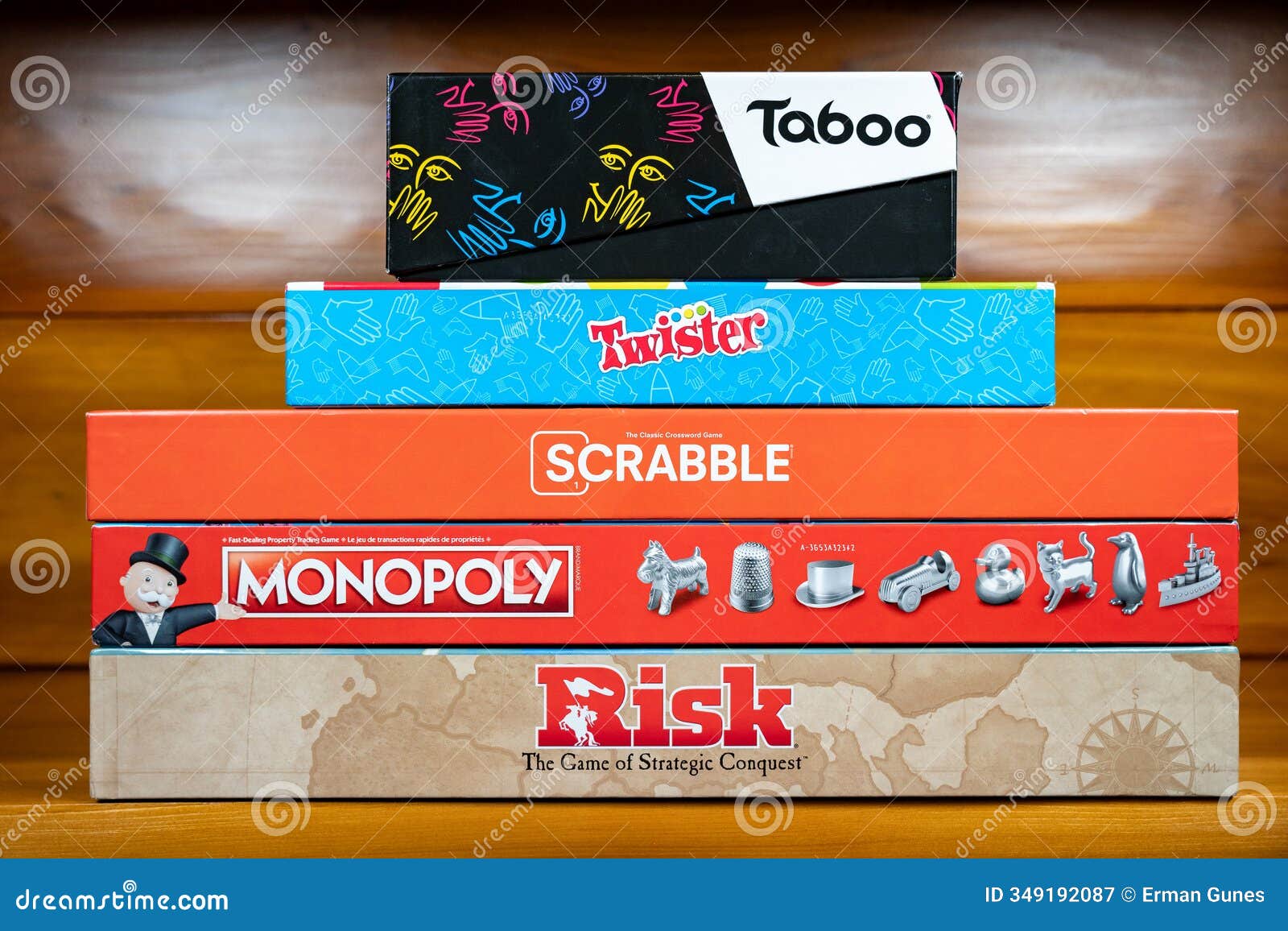 Boxes of Board Games. Taboo, Twister, Scrabble, Monopoly and Risk Board ...