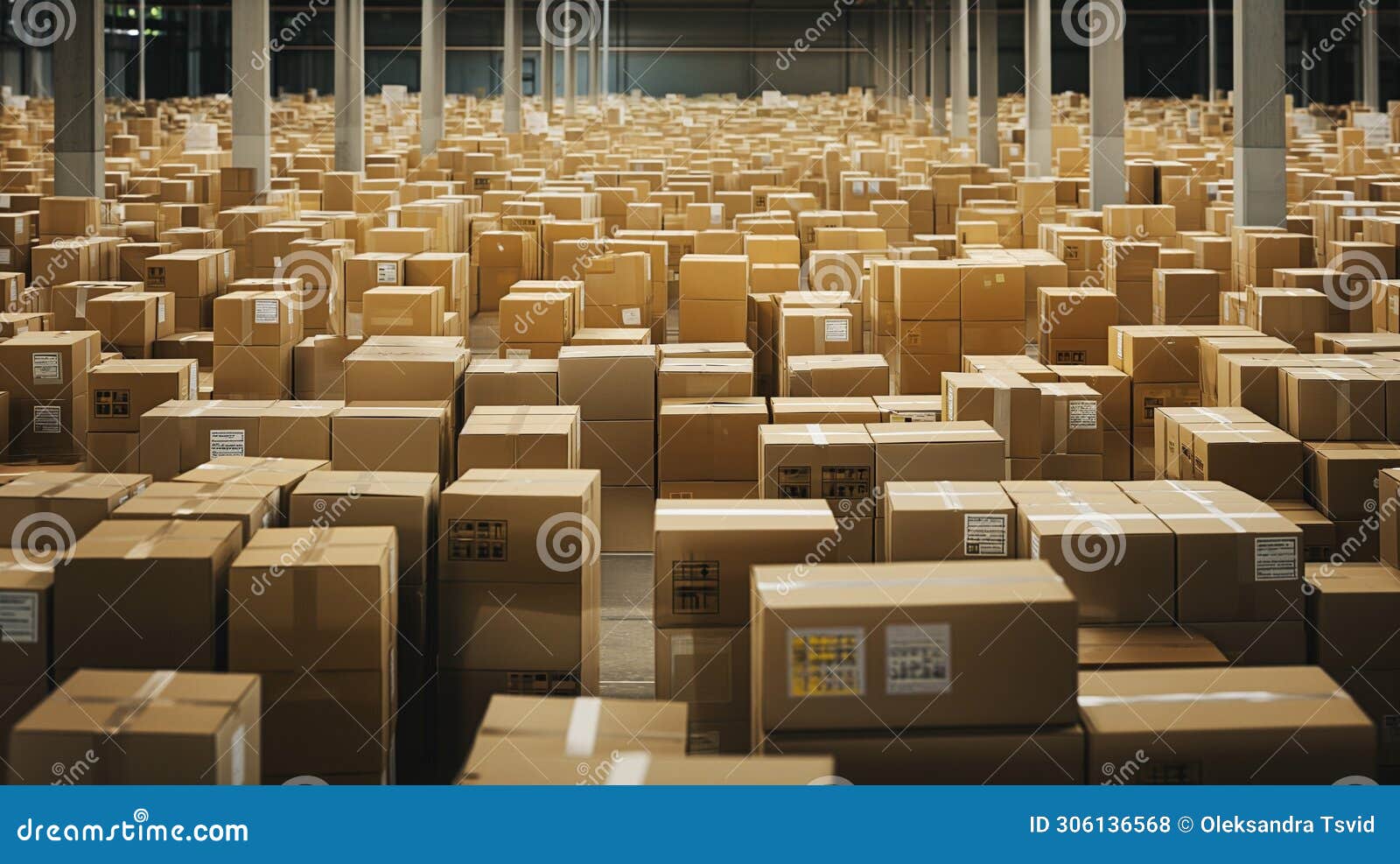 Boxes and Box Loaders in a Warehouse, Rows of Shelves with Boxe Stock ...