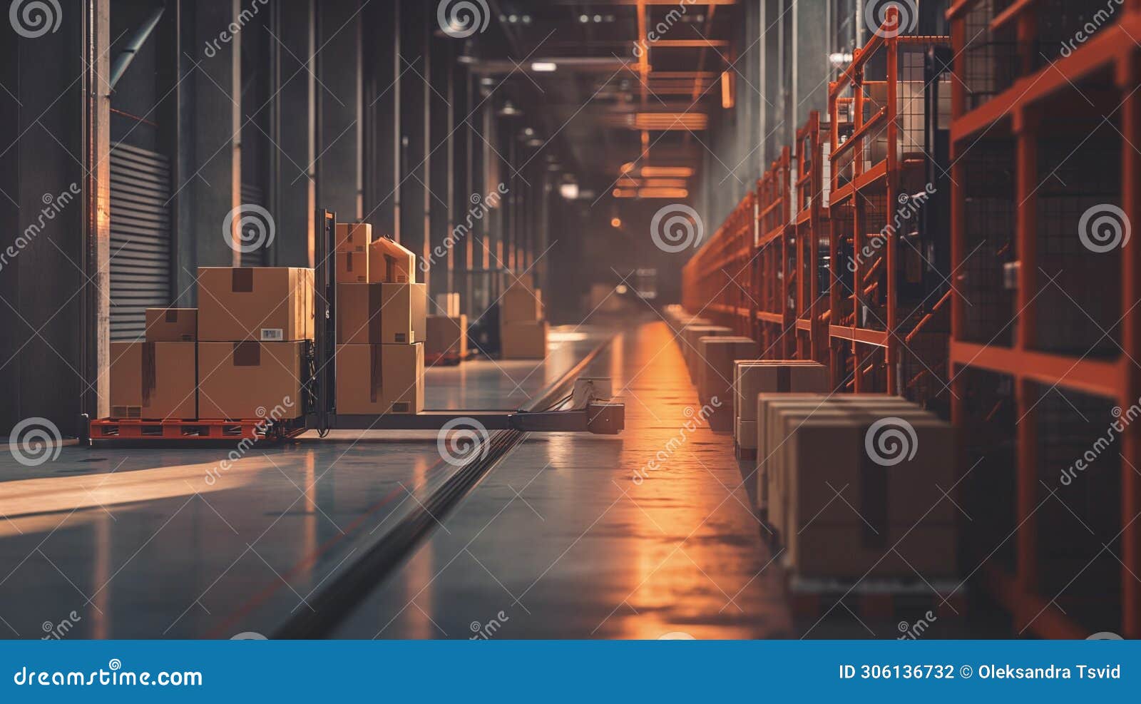 Boxes and Box Loaders in a Warehouse, Rows of Shelves with Boxe Stock ...