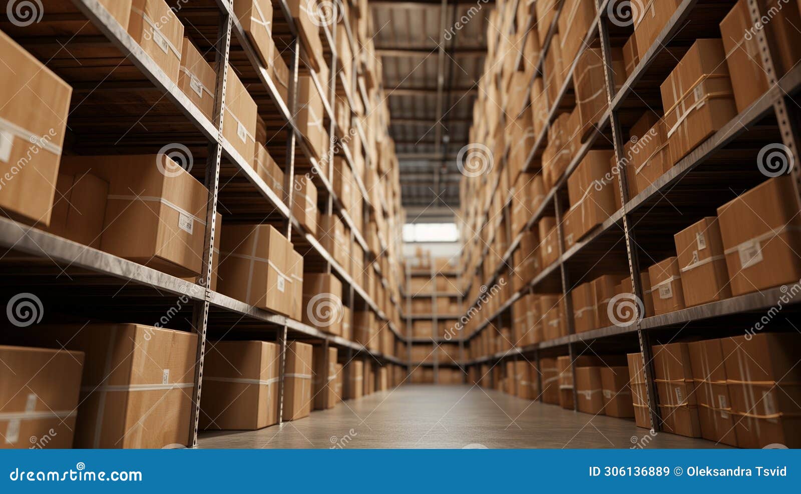 Boxes and Box Loaders in a Warehouse, Rows of Shelves with Boxe Stock ...