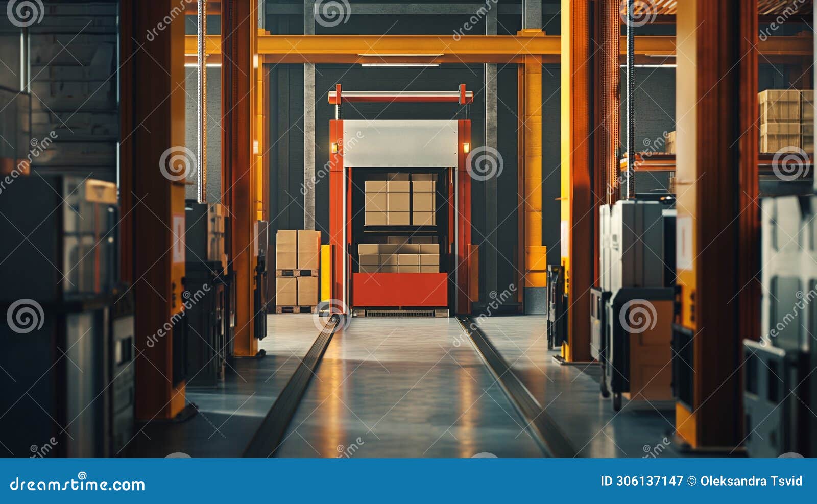 Boxes and Box Loaders in a Warehouse, Rows of Shelves with Boxe Stock ...