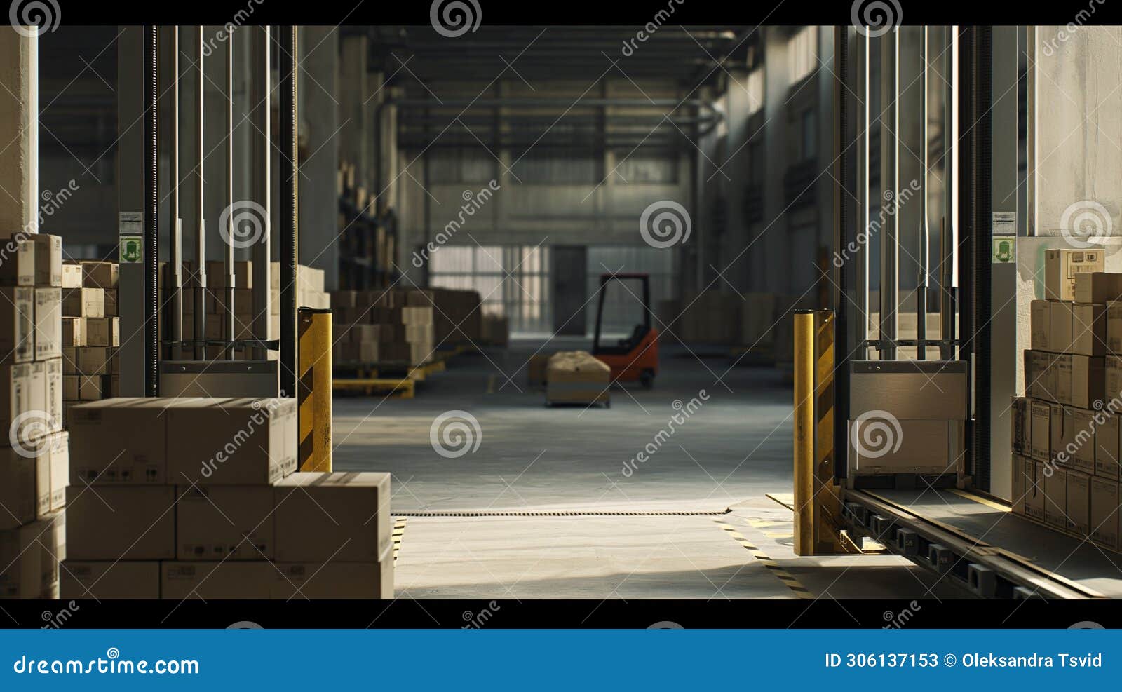 Boxes and Box Loaders in a Warehouse, Rows of Shelves with Boxe Stock ...