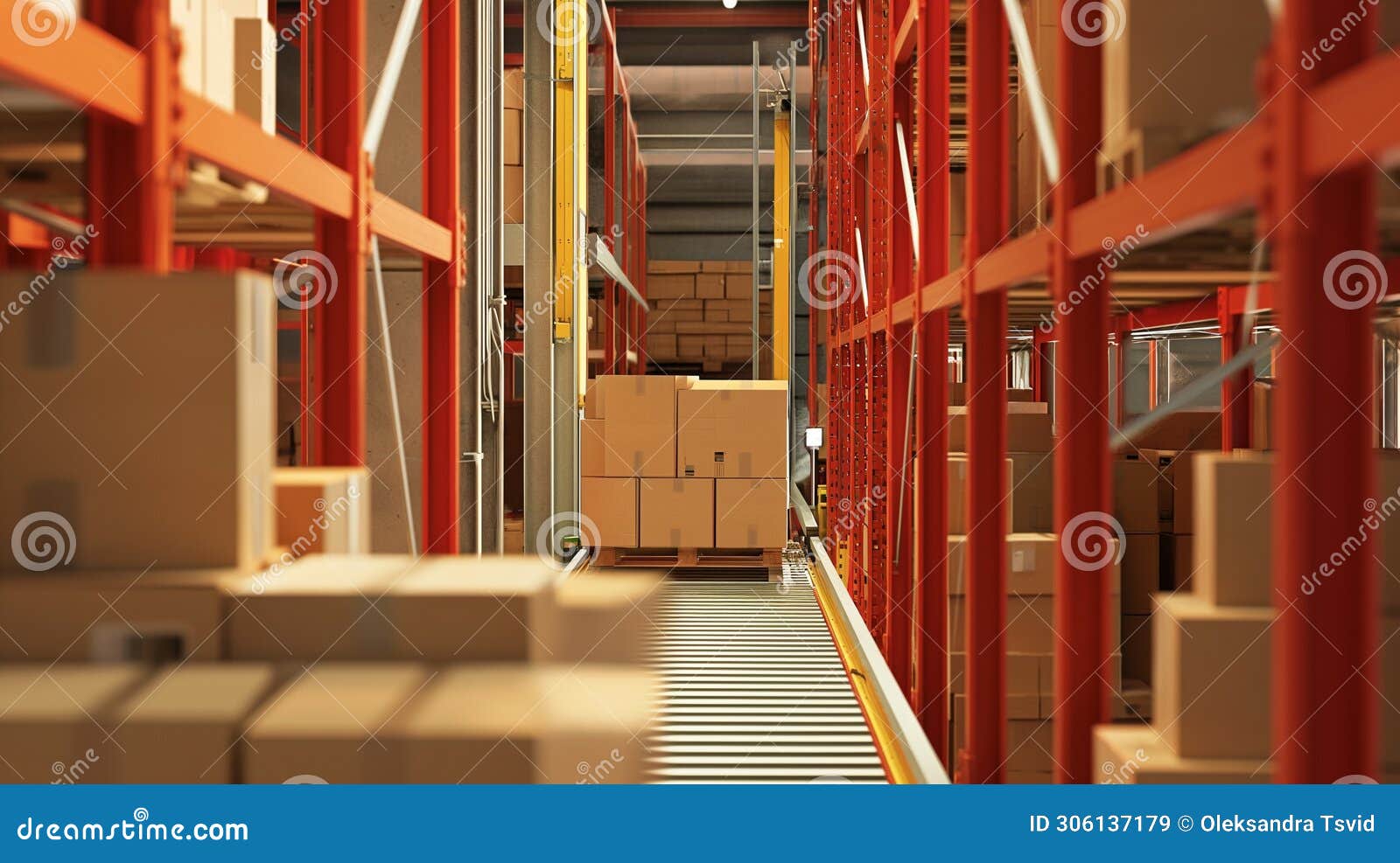 Boxes and Box Loaders in a Warehouse, Rows of Shelves with Boxe Stock ...