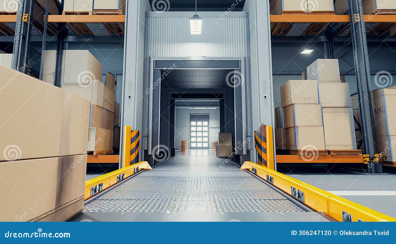 Boxes and Box Loaders in a Warehouse, Rows of Shelves with Boxe Stock ...