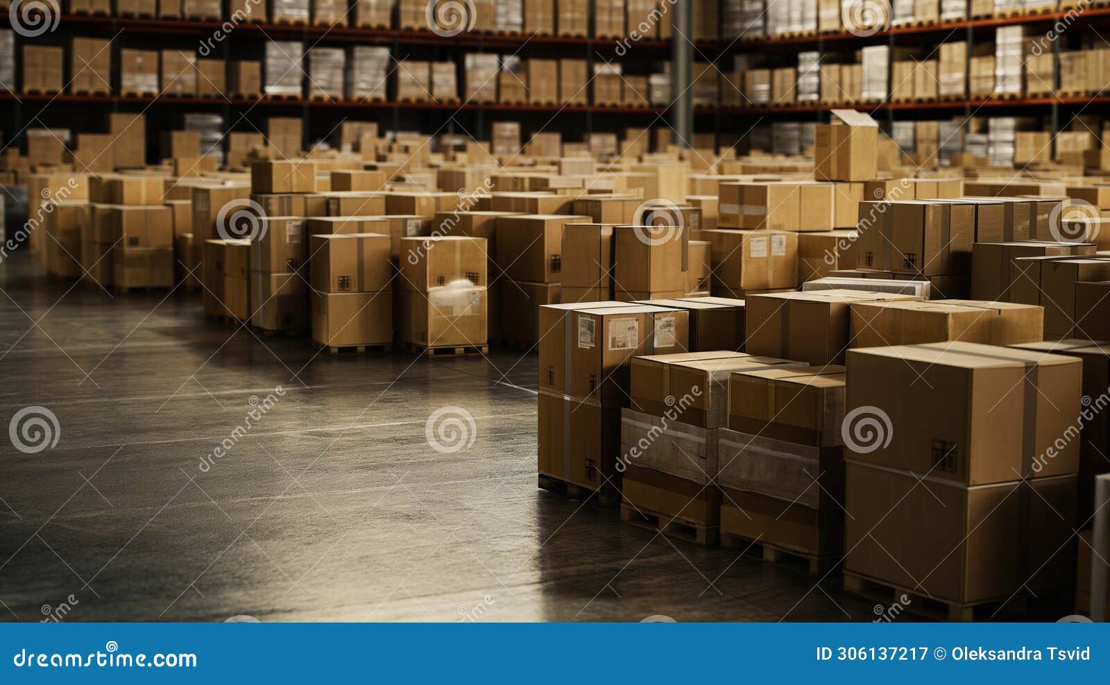 Boxes and Box Loaders in a Warehouse, Rows of Shelves with Boxe Stock ...