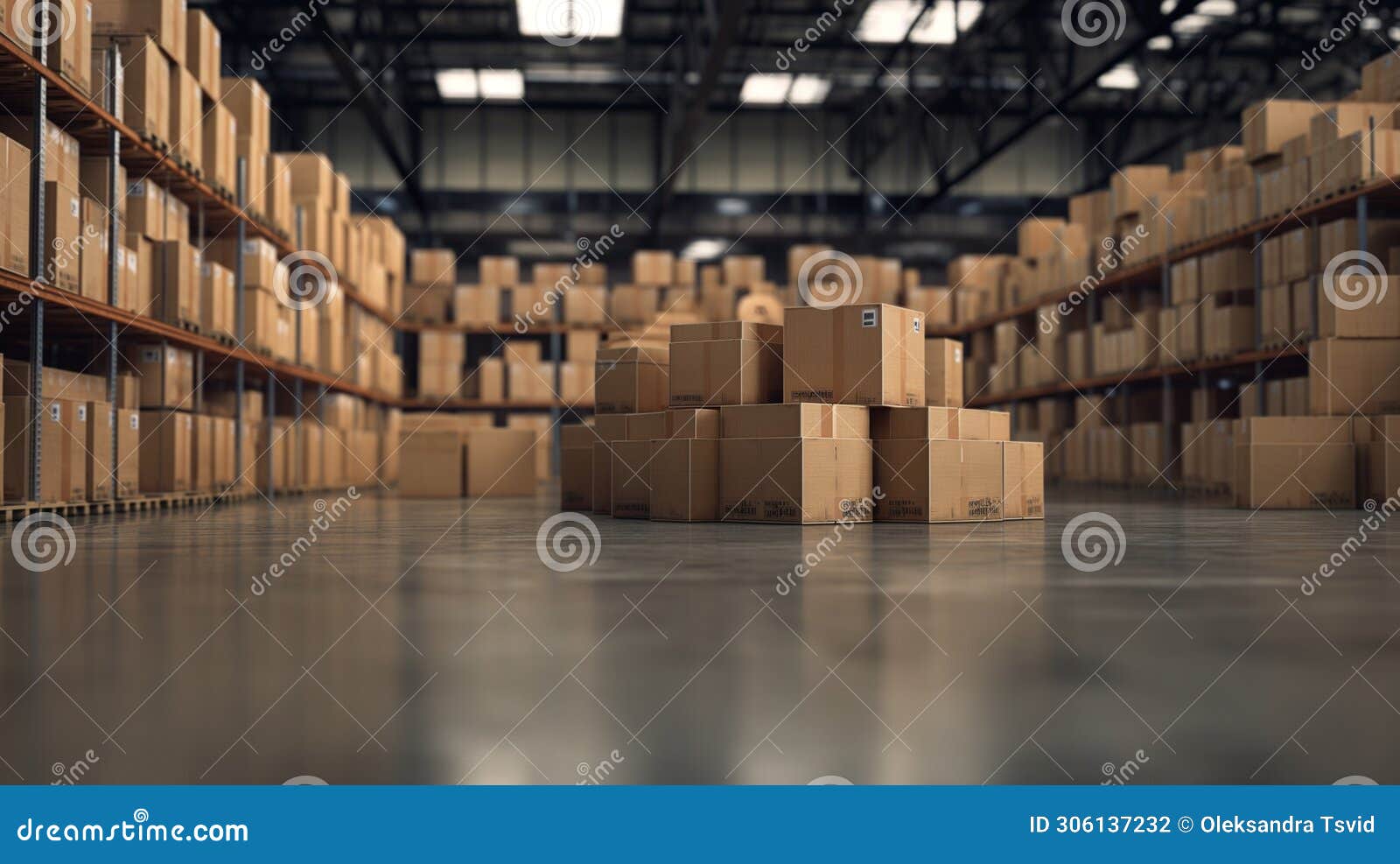 Boxes and Box Loaders in a Warehouse, Rows of Shelves with Boxe Stock ...