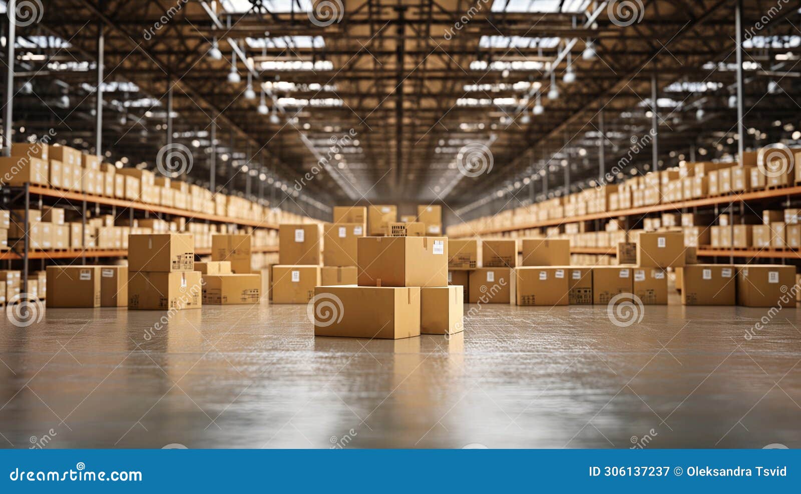 Boxes and Box Loaders in a Warehouse, Rows of Shelves with Boxe Stock ...