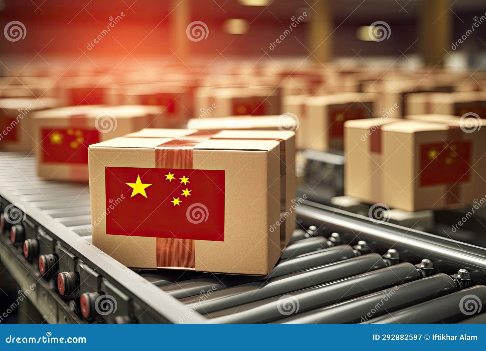 Boxes With China Flag On The Conveyor Belt. 3D Render, Cardboard Boxes ...