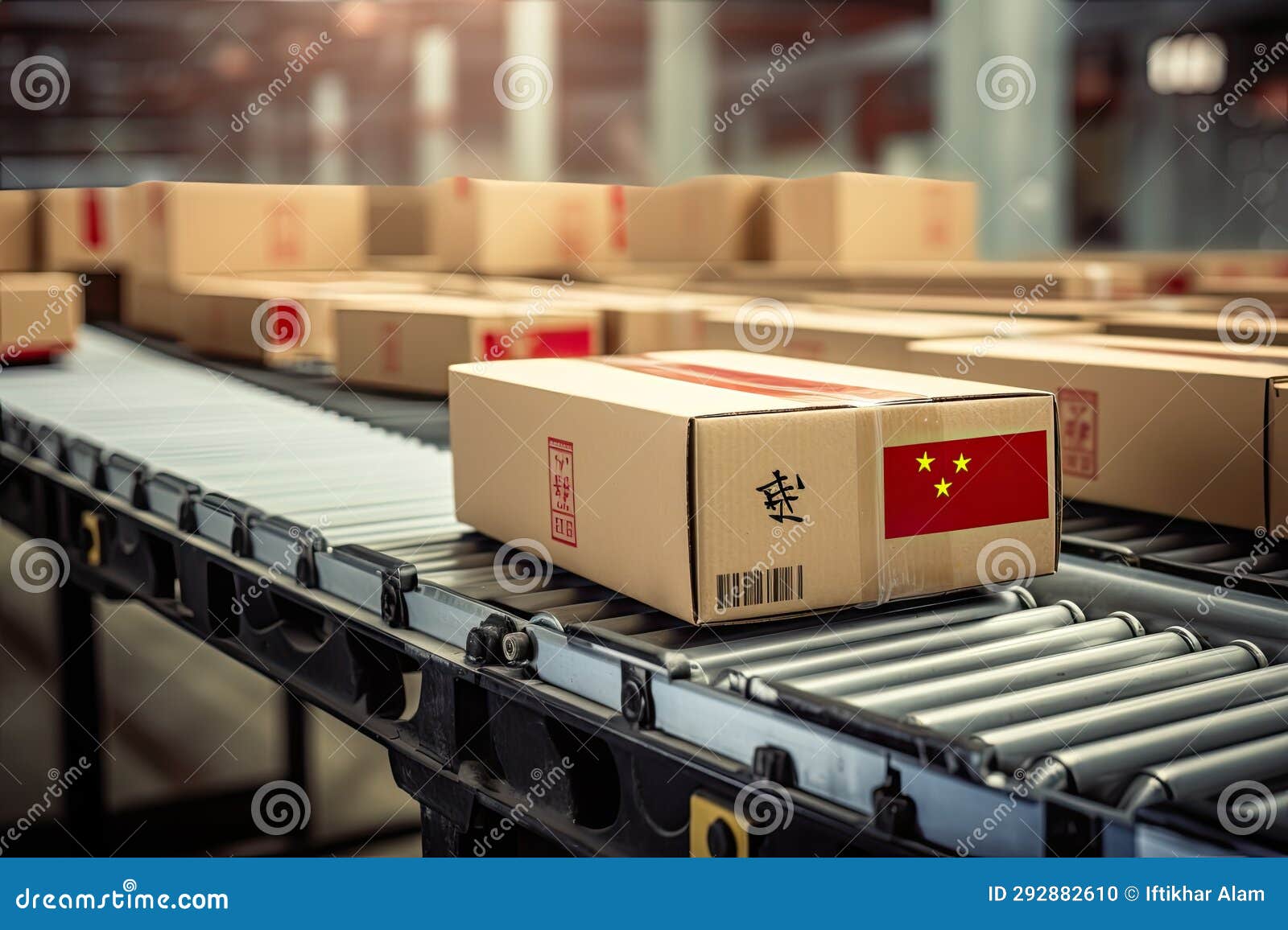 Boxes with China Flag Printed on a Conveyor Belt. 3D Rendering ...