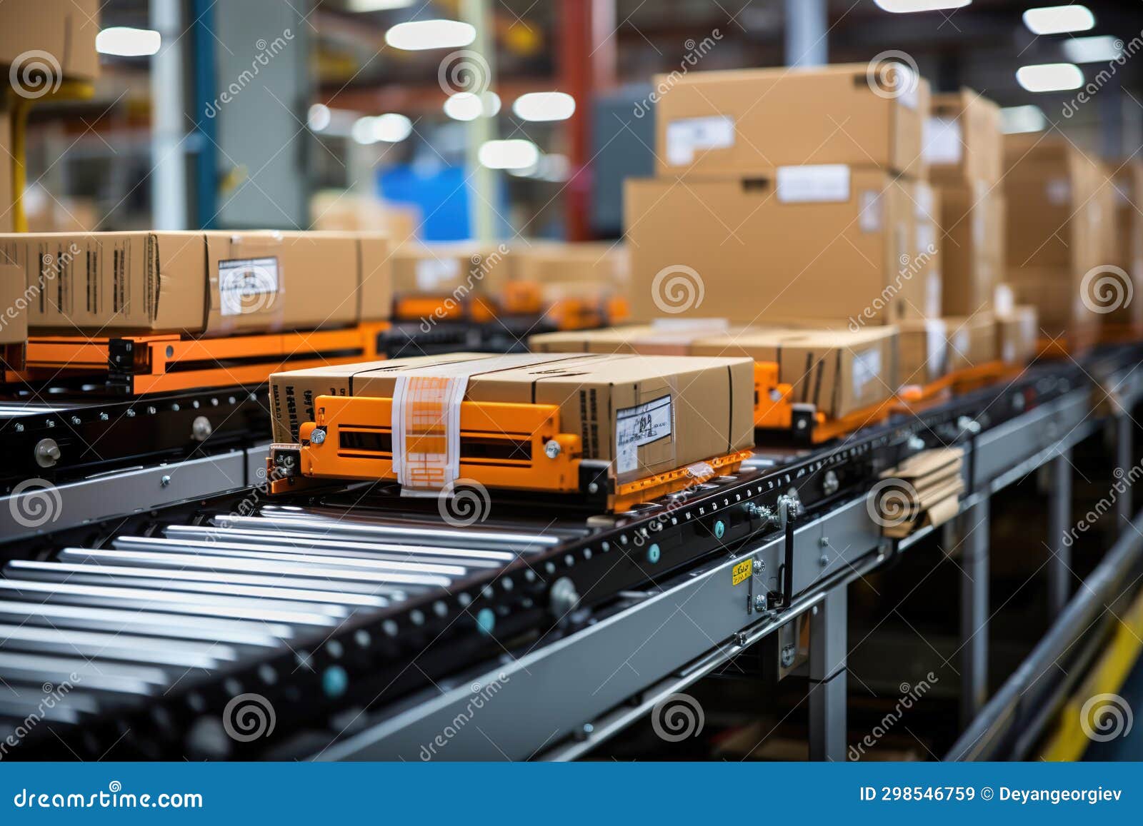 Boxes on a Conveyor Belt in a Factory or Courier Cargo Parcel Warehouse ...