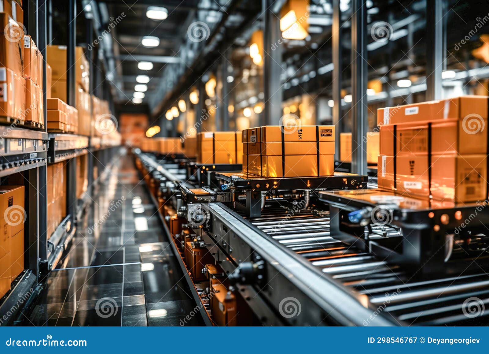 Boxes on a Conveyor Belt in a Factory or Courier Cargo Parcel Warehouse ...