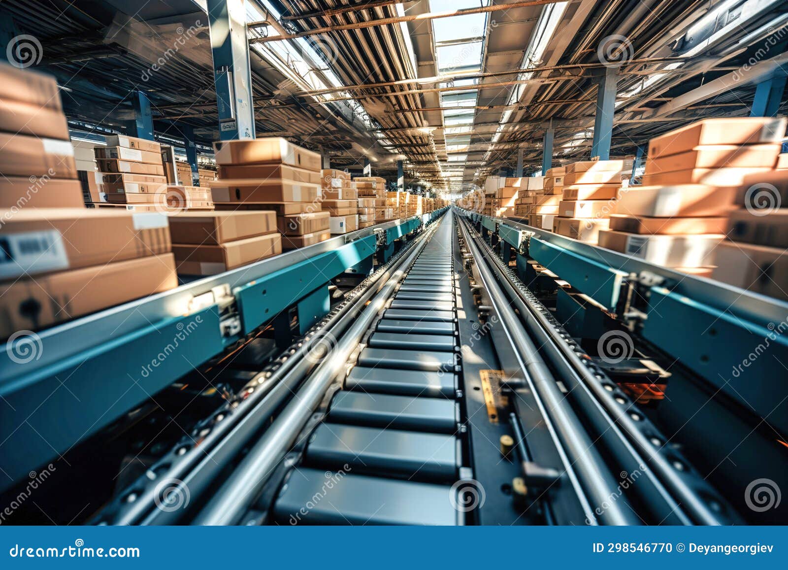 Boxes on a Conveyor Belt in a Factory or Courier Cargo Parcel Warehouse ...