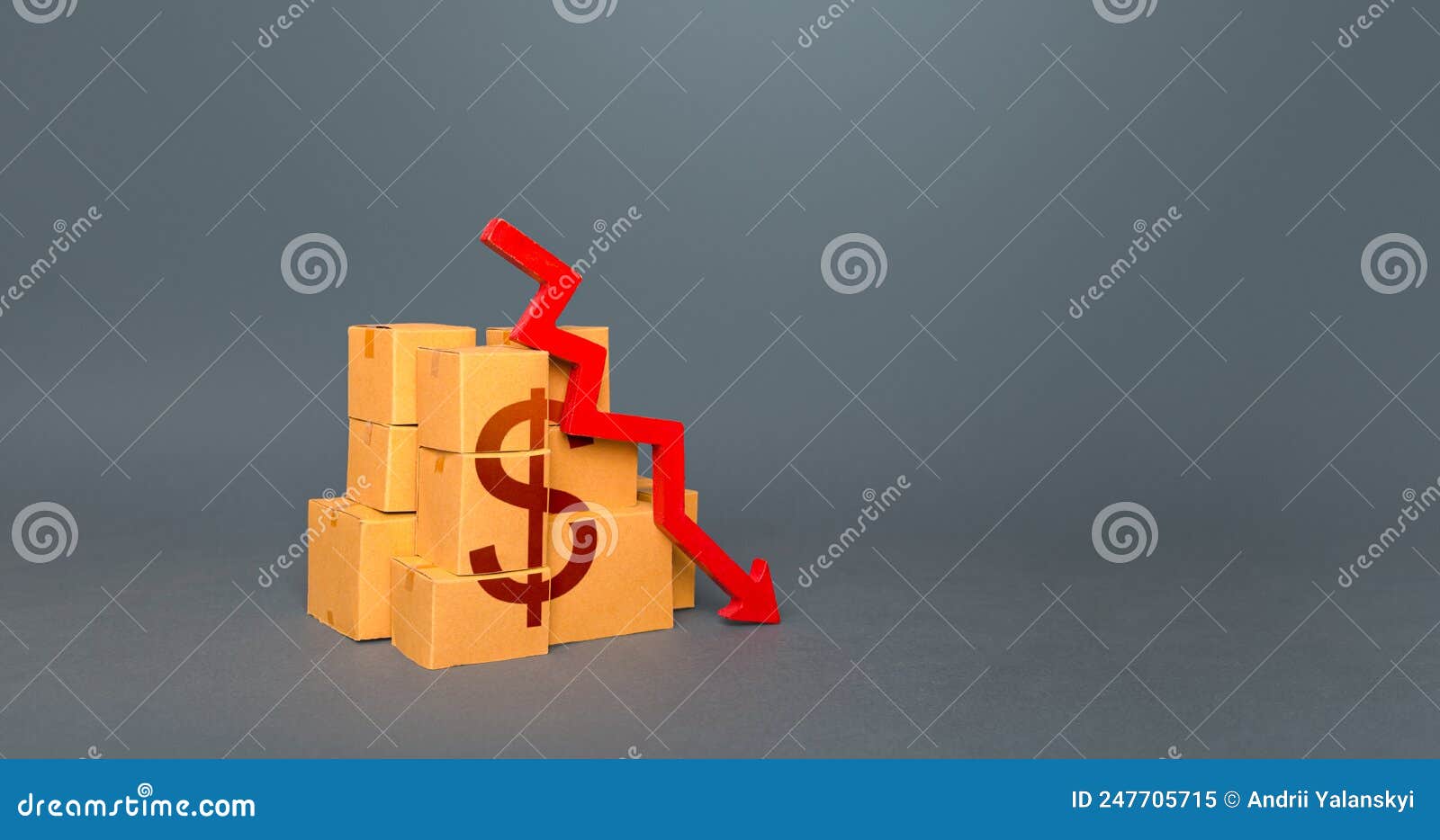 Boxes with Dollar Symbol and Down Arrow. Decrease in Stocks of Products ...