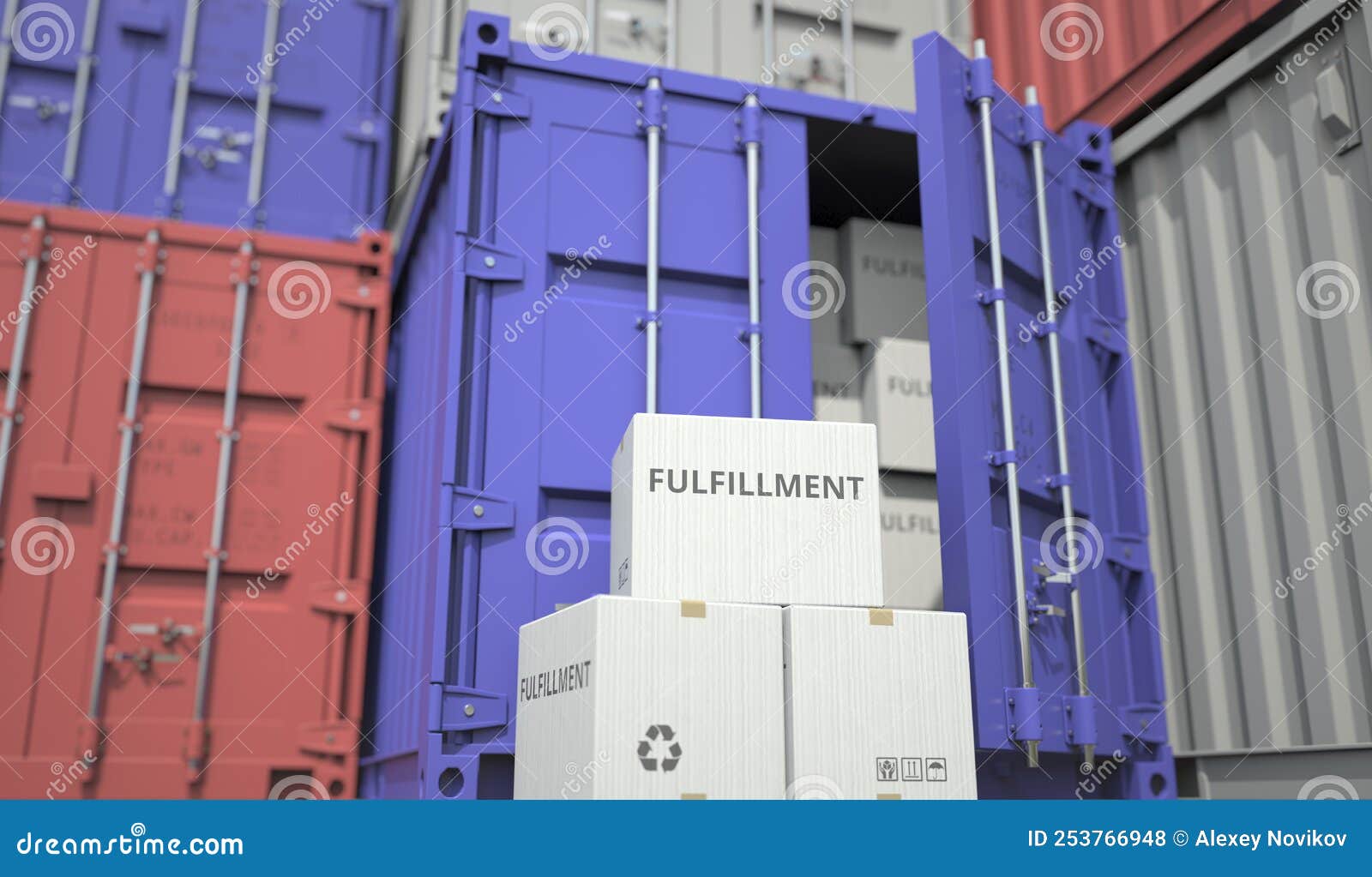 Boxes with Fulfillment Text and Cargo Containers. Online Commerce ...