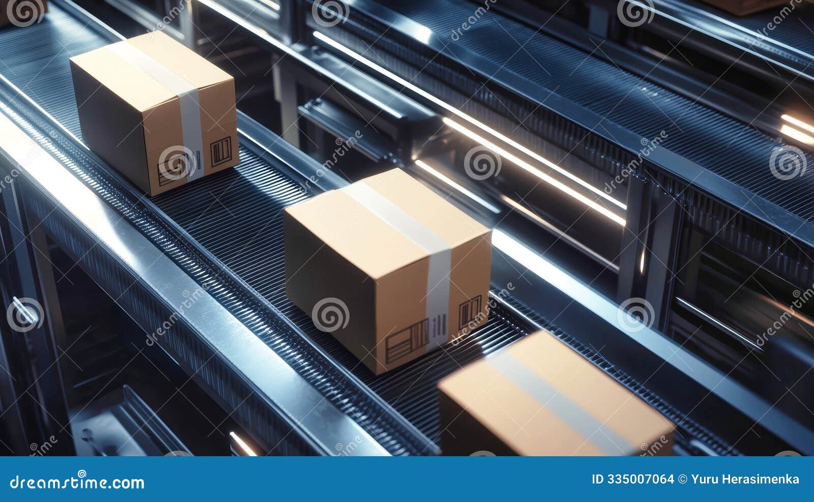 Boxes Glide Along a Conveyor Belt in a Sleek Warehouse, Illuminated by ...
