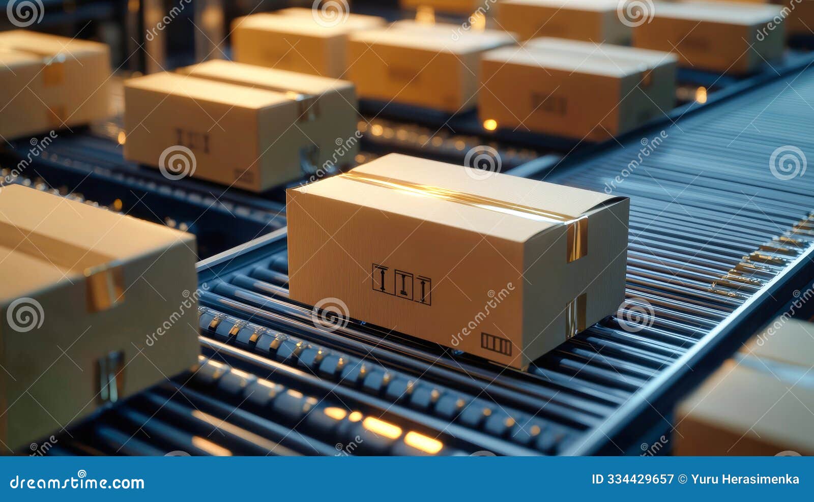 Boxes Glide Smoothly Along a Conveyor Belt in a Warehouse Setting ...