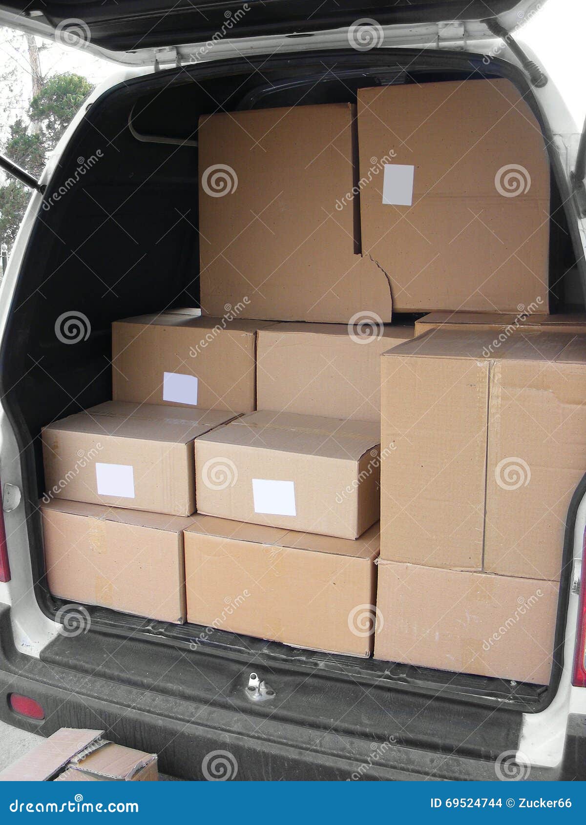 Boxes with goods in van stock photo. Image of transportation - 69524744
