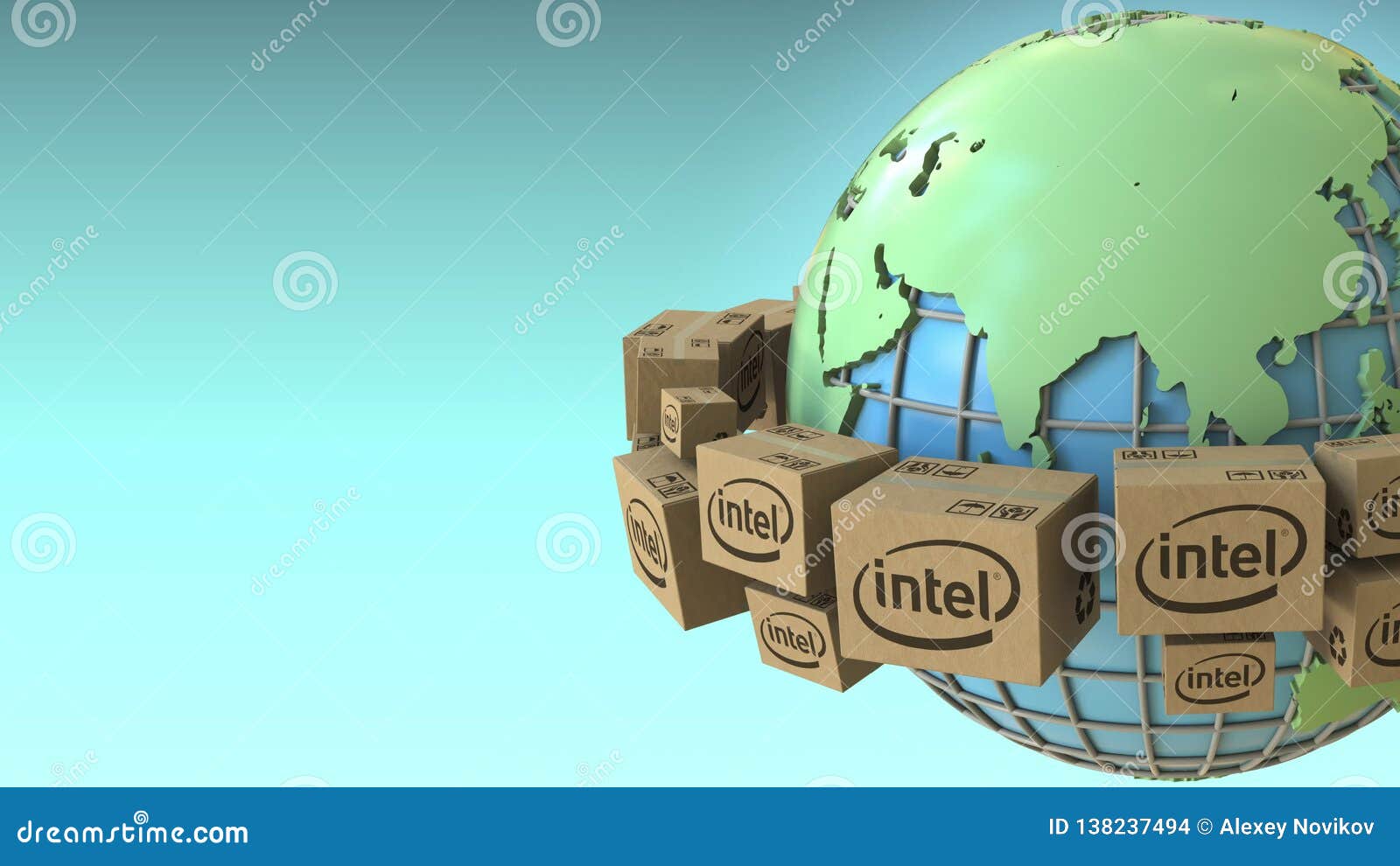Boxes with Intel Logo Around the World, Asia Emphasized. Conceptual ...