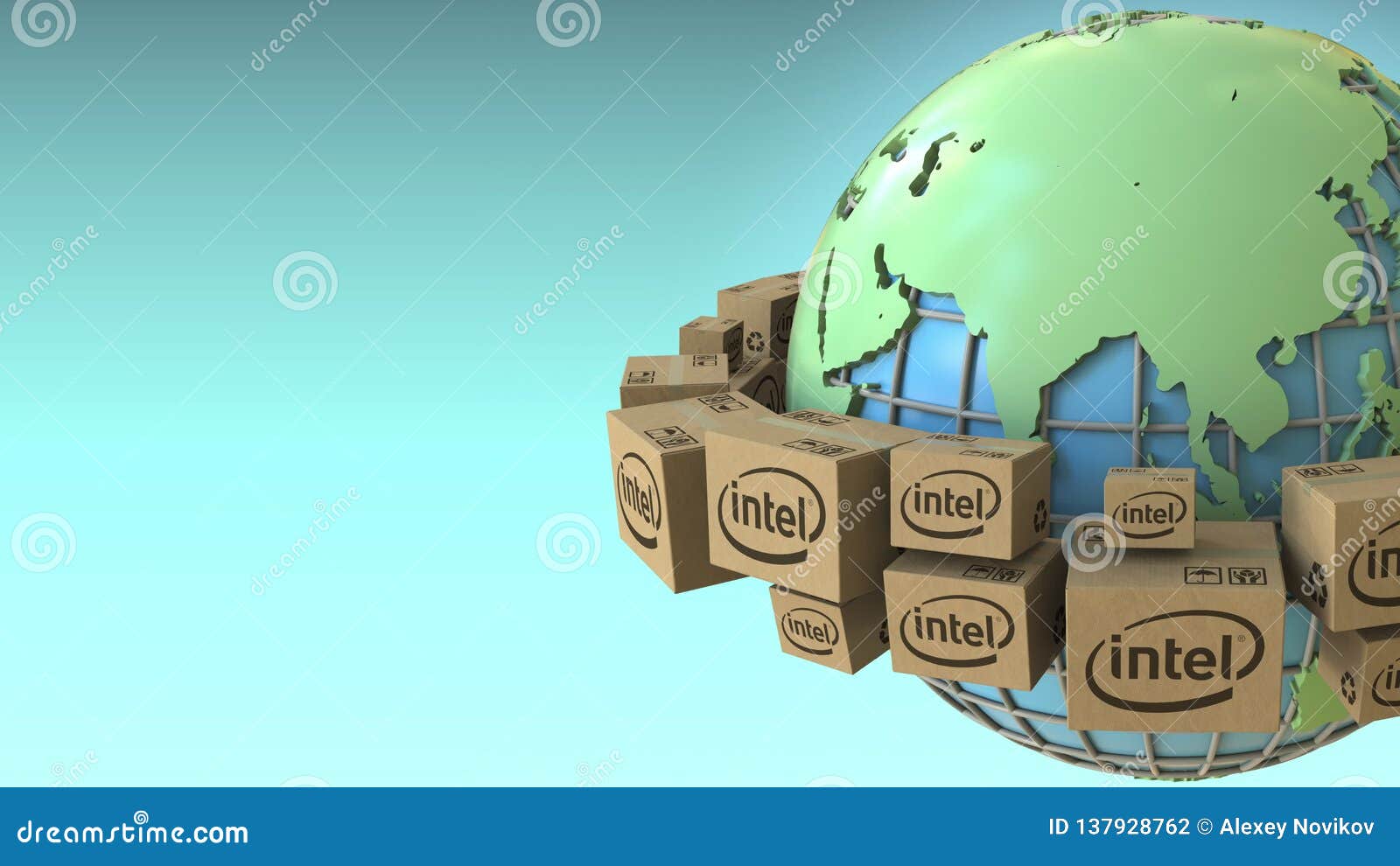 Boxes with Intel Logo Around the World, Asia Emphasized. Conceptual ...
