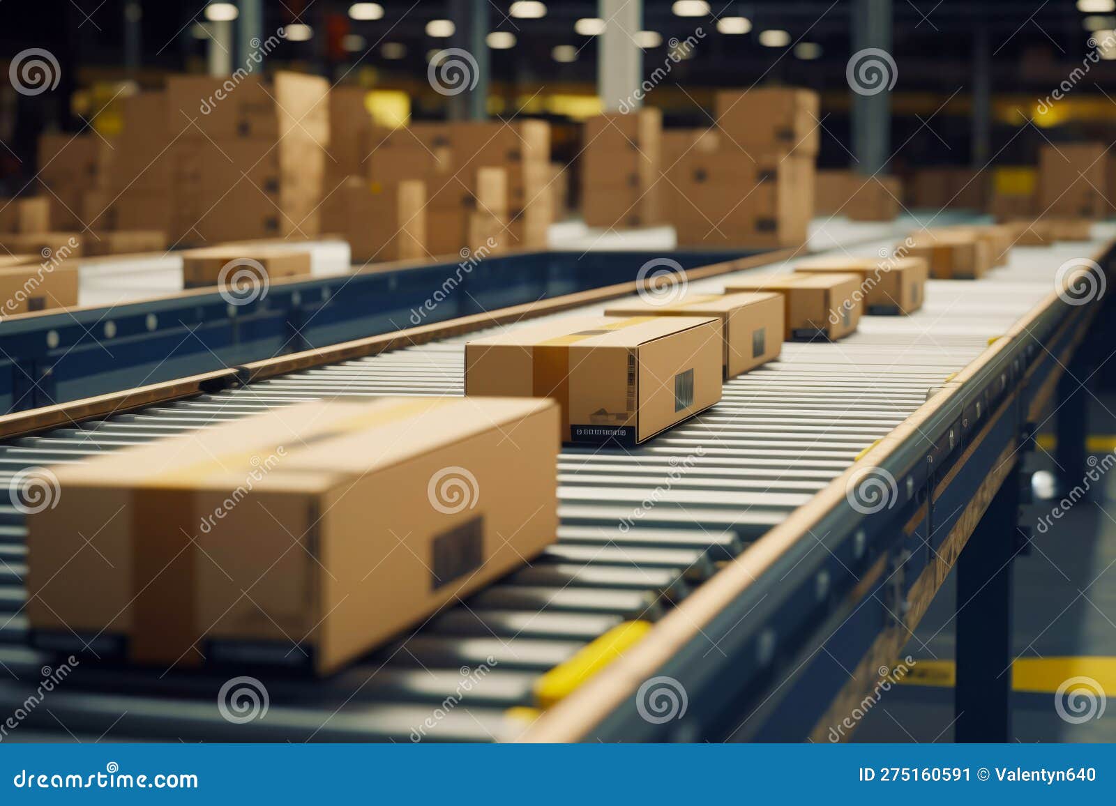Boxes are Lined Up on Conveyor Belt in Large Warehouse or Warehouse ...