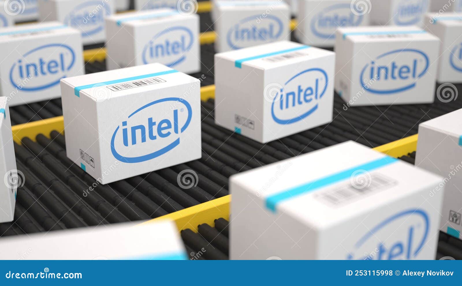 Logo of Intel on the White Boxes on the Conveyor. Editorial 3D ...