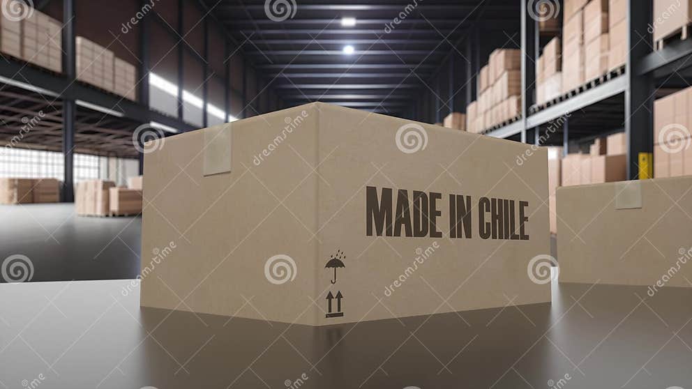 Boxes with MADE in CHILE Text on Conveyor. 3d Illustration Stock ...