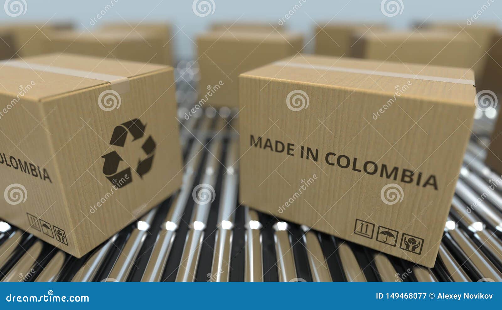 Boxes with MADE in COLOMBIA Text on Roller Conveyor. Colombian Goods ...