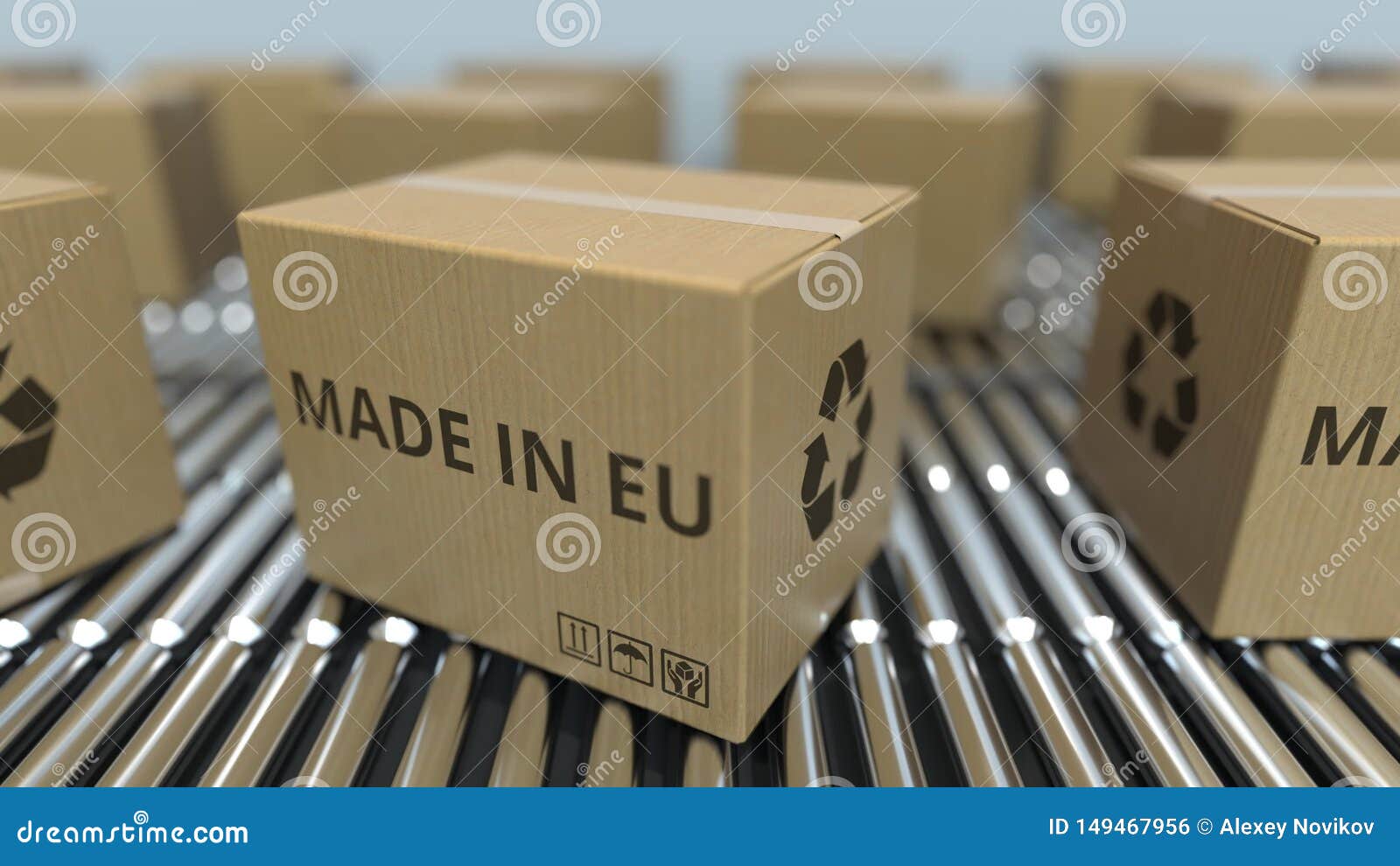 Boxes with MADE in EU Text on Roller Conveyor. European Union Goods ...