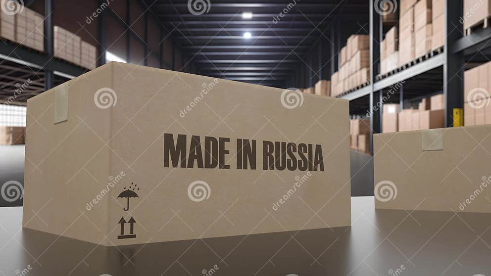 Boxes with MADE in RUSSIA Text on Conveyor. 3d Illustration Stock ...