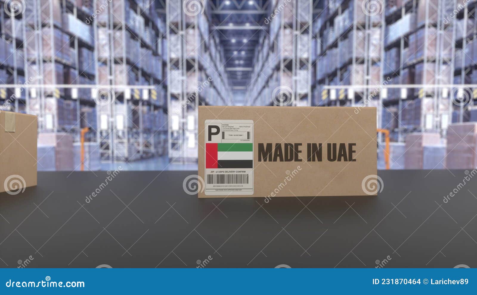 Boxes with MADE in UAE Text on Conveyor. United Arab Emirates Goods ...