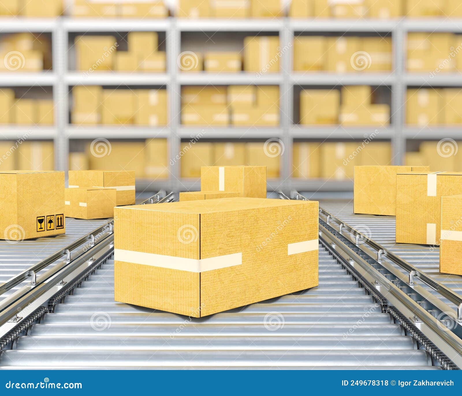Boxes Move On Conveyor Belt In Logistics Warehouse. Efficient ...