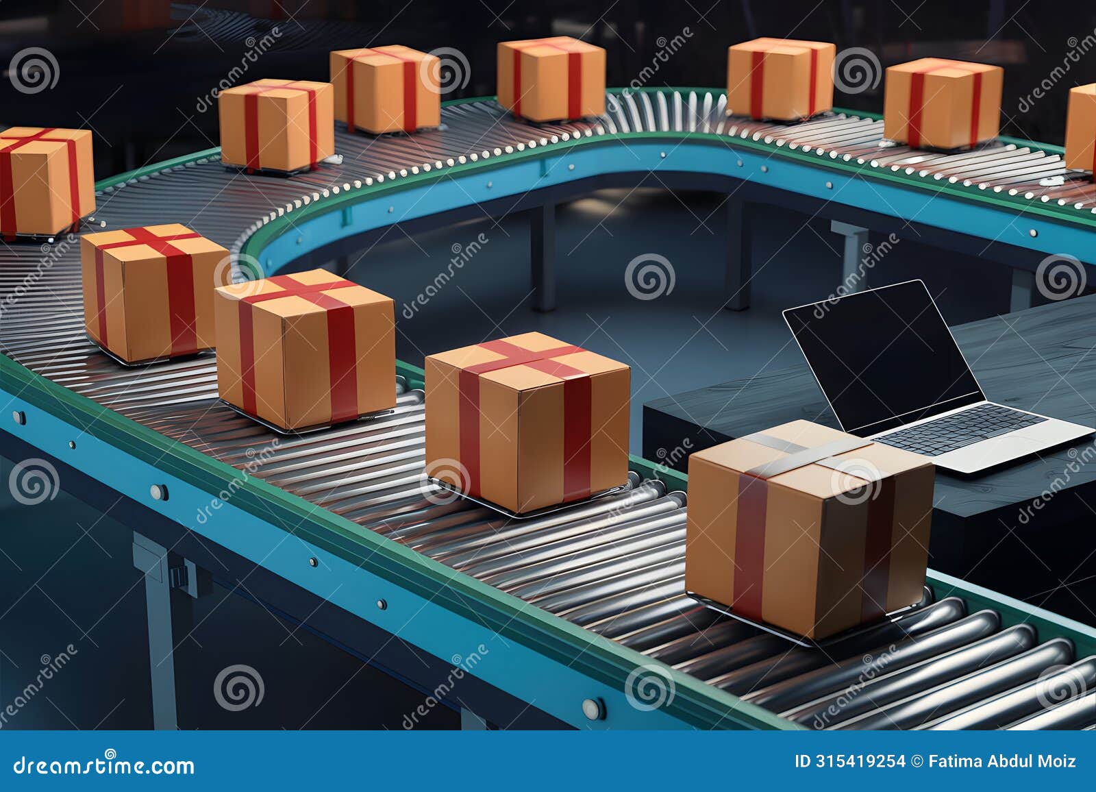 Boxes Move on Conveyor Belt, Laptop beside, 3D Rendering Stock ...