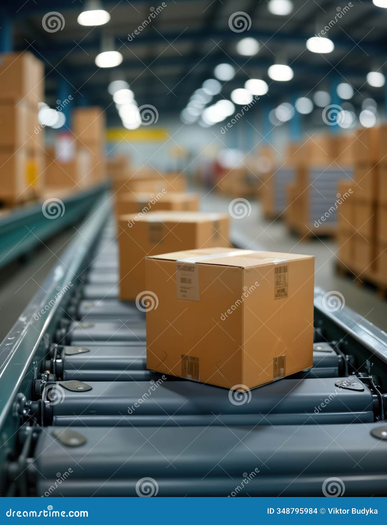Boxes Move On Conveyor Belt In Logistics Warehouse. Efficient ...