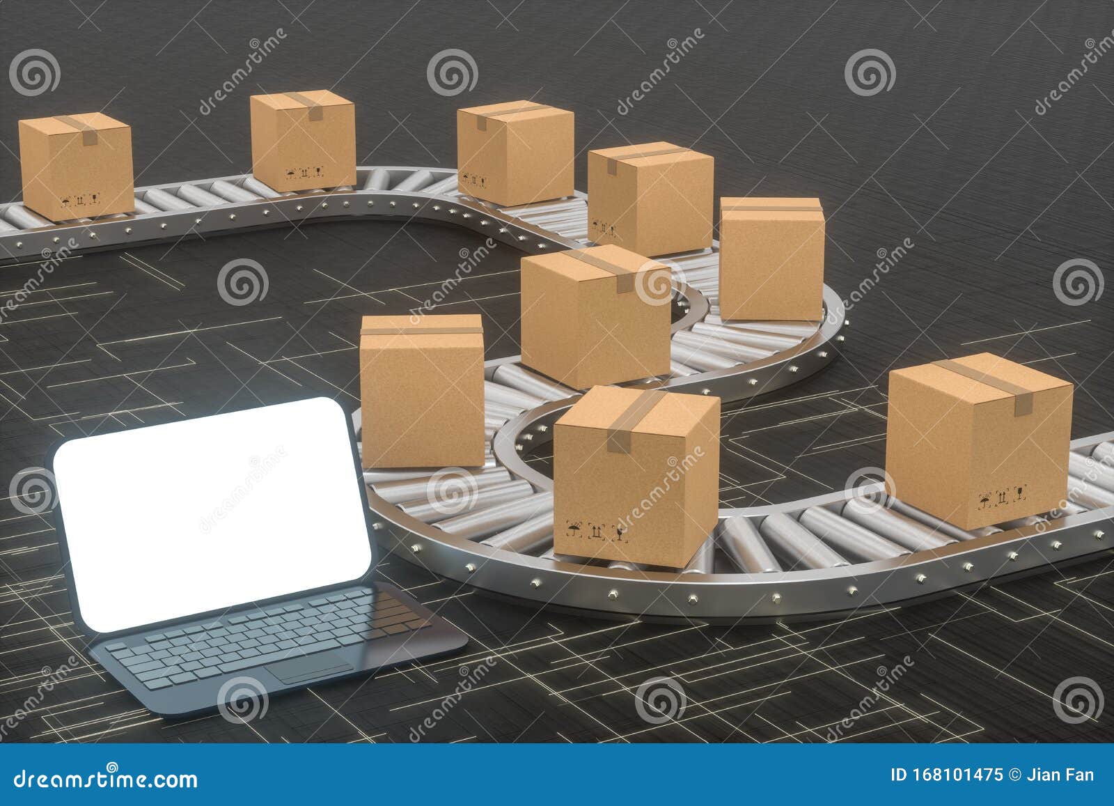 Boxes Moving on the Conveyor Belt, Laptop and Conveyor Belt ,3d ...