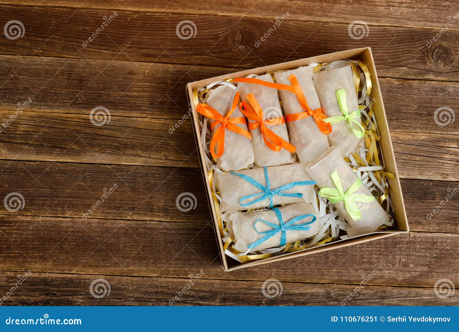 Boxes with Packaged Sweets. Bars. Wooden Table Stock Image - Image of ...