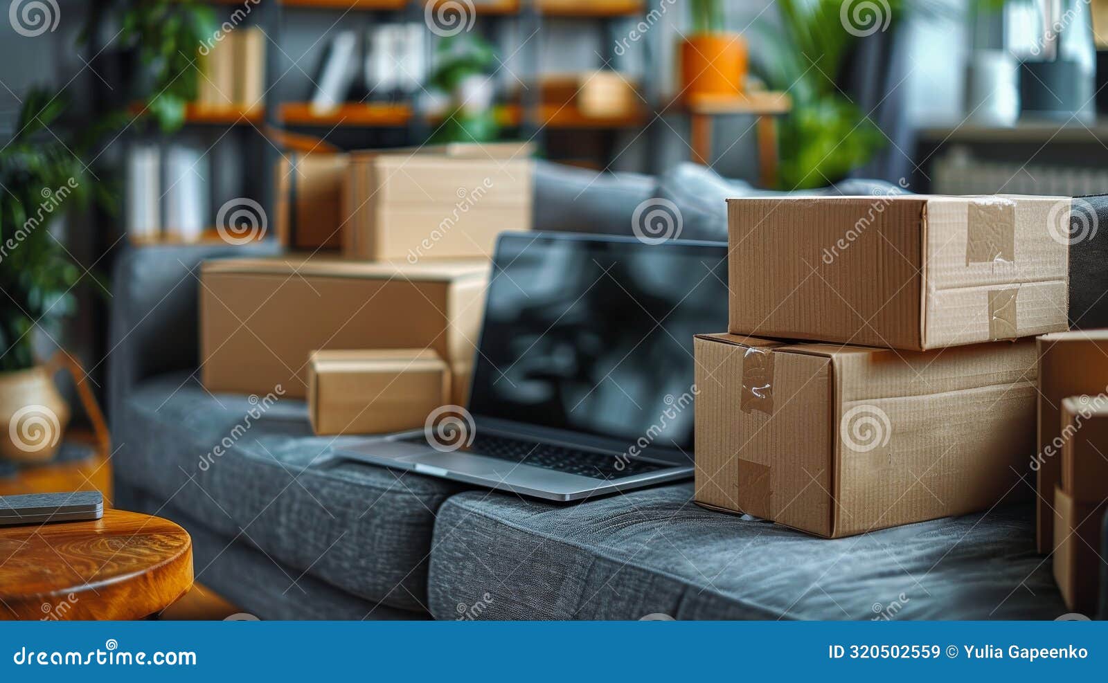 Boxes Piled on Couch in Living Room Stock Image - Image of interior ...