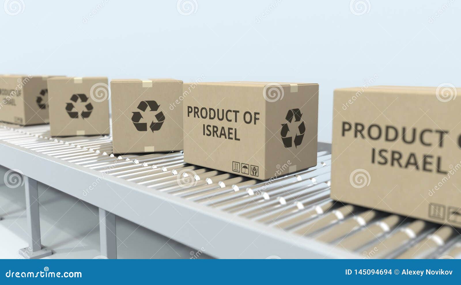 Boxes with PRODUCT of ISRAEL Text on Roller Conveyor. Israeli Import or ...