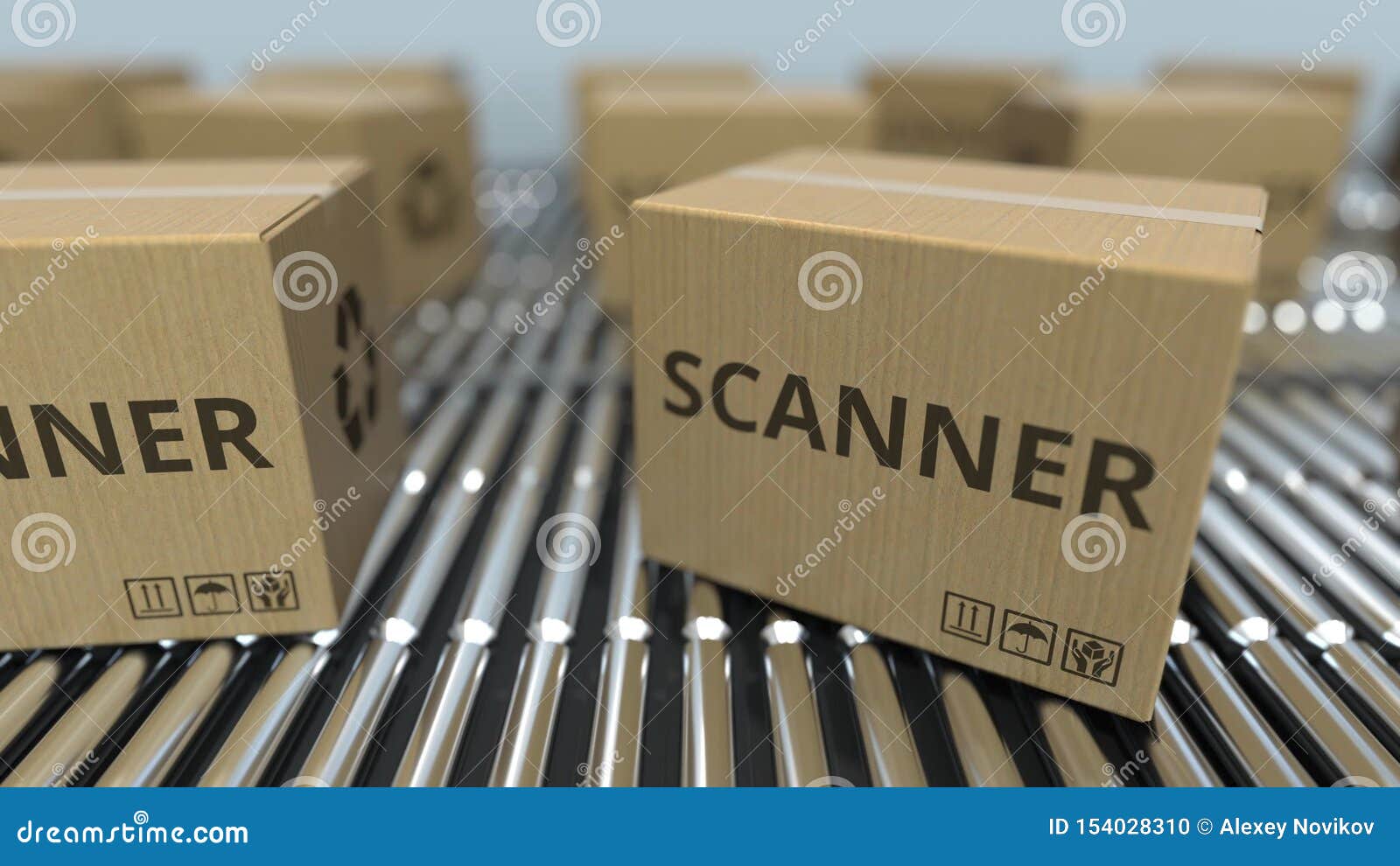 Boxes with Scanners on Roller Conveyors. 3D Rendering Stock ...