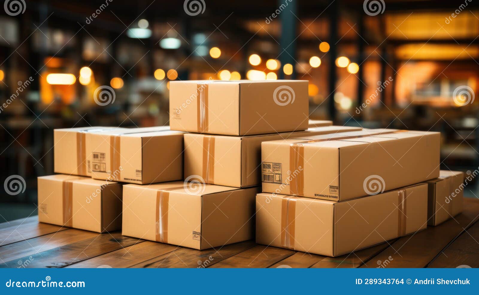 Boxes Stacked on a Wooden Table in a Warehouse Stock Illustration ...