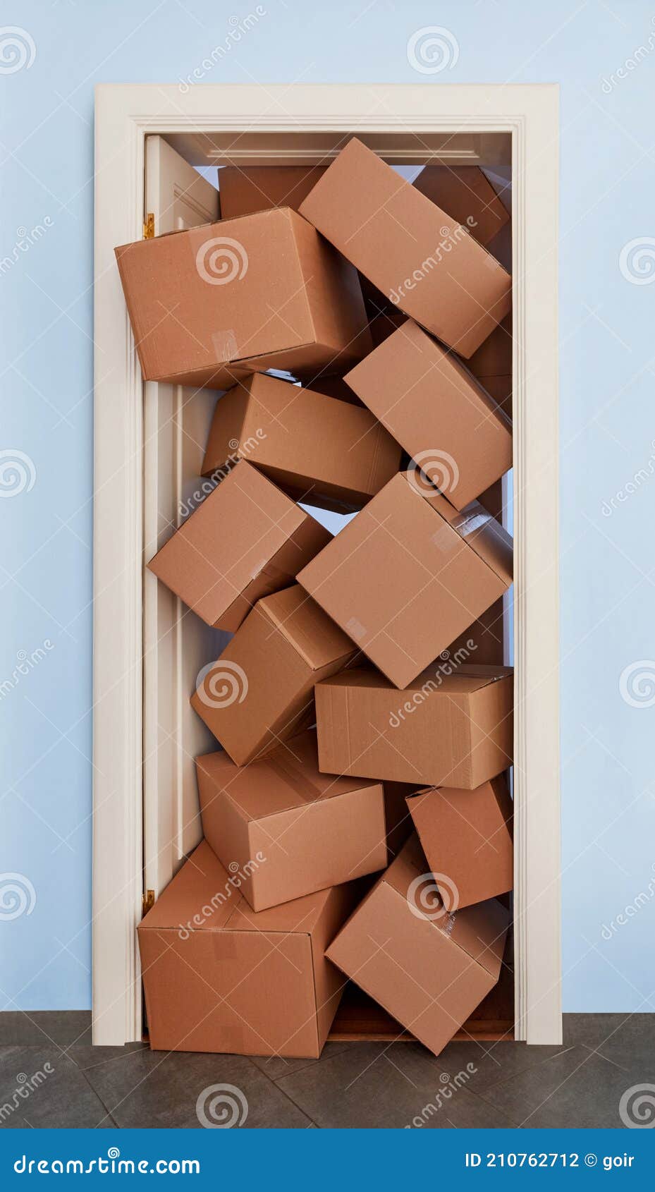 Boxes stuck in the doorway stock photo. Image of manufactured - 210762712